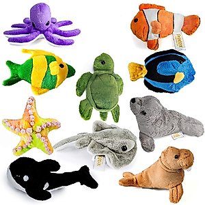 PREXTEX 10 Piece Plush Soft Stuffed Sea Animals - Small Stuffed Animals Bulk - Playset Plush Assortment, Turtle, Stingray, Nemo Fish, Killer Whale and More - Bulk Stuffed Animals