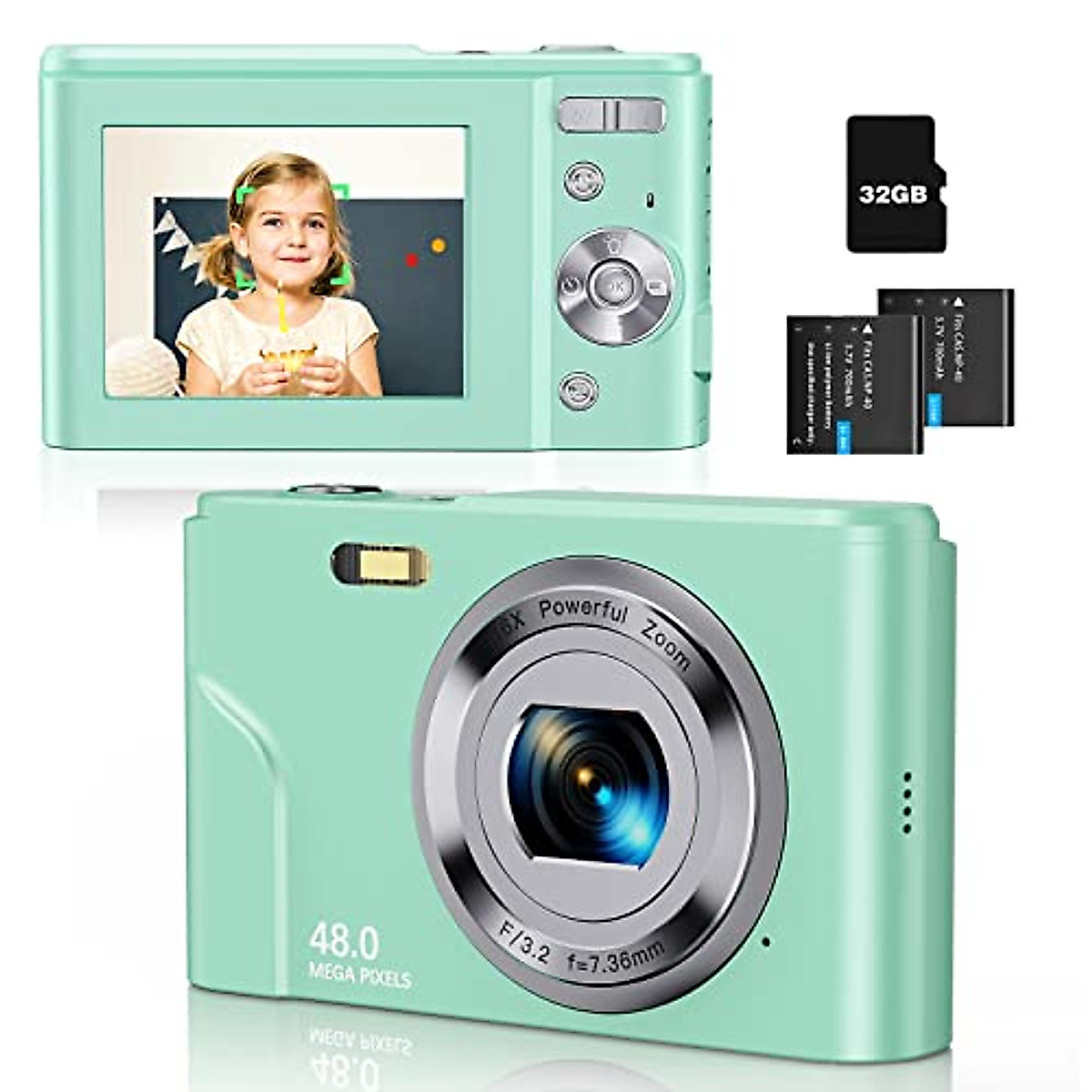 Digital Camera Auto Focus Point and Shoot Camera, FHD 1080P 48MP Kids Camera with 32GB Memory Card,16X Zoom Vlogging Camera Small Digital Cameras for Kids Teenagers Students Green