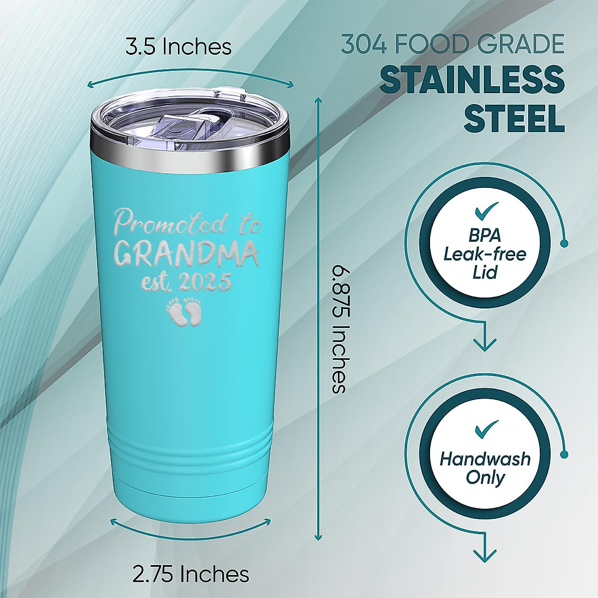 shop4ever Promoted to Grandma Est. 2025 Tumbler Insulated Tumbler 20 oz. with Lid, Stainless Steel Cups Travel Coffee Mug New Grammy Baby Announcement Gift (Teal)