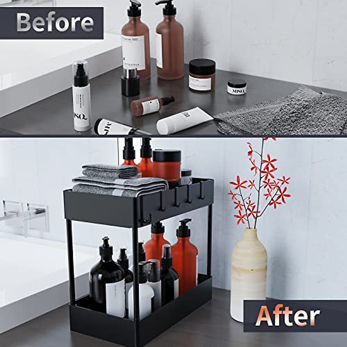 Under Sink Organizer, Under Sink Organizers and Storage Under Sink Shelf 2 Tier Under Sink Organizer Rack Under Sink Storage for Kitchen Bathroom Countertop And Cabinet,Bath Collection Baskets Black