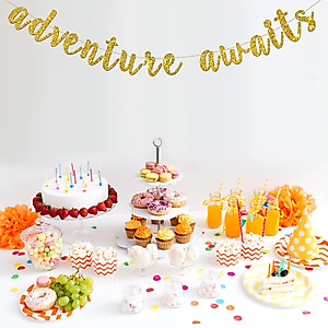 Adventure Awaits Banner, Wedding Engagement Party Bunting Decor, Congrats Grad, Birthday Retirement Sign Graduation Party Decorations Gold Glitter