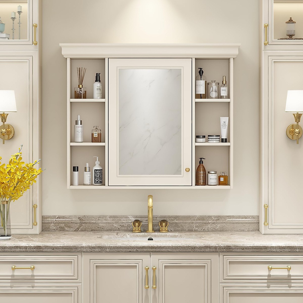 LUMISOL Wall Mounted Bathroom Storage Cabinet with Mirror Door, Modern Bathroom Wall Cabinet with 6 Open Storage Shelves, Wooden Medicine Cabinet for Bathroom, Living Room, Beige