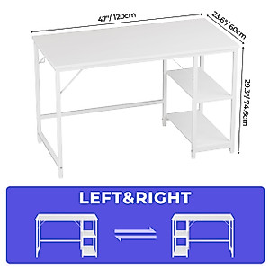 JOISCOPE Home Office Computer Desk with Wooden Storage Shelf,Office White Desk and Gaming Table with Splice Board,2-Tier Industrial Morden Laptop Study Writing Desk,48 x 24 inches(White Finish)
