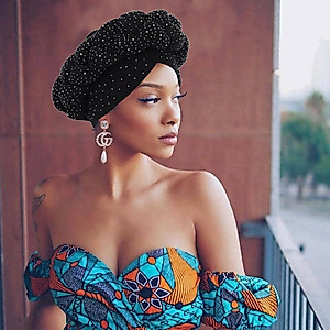 Urieo Twisted Braid Head Wrap Black Rhinestone Turban Hat African Beanie Headwrap for Women