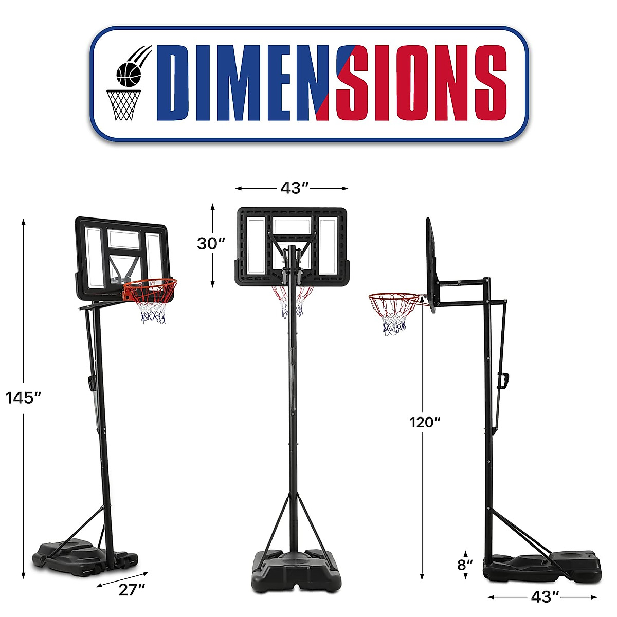 Monibloom Basketball Hoop Outdoor 7ft- 10ft Adjustable with 43 Inch Backboard Wheels Fillable Base, Basketball Equipment for Youth & Adults Indoor Outdoor Use, Black