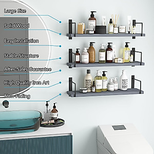 EALLRINEC Floating Shelves, 24 Inches Easy to Install Wall Mounted Shelves, Wall Shelves Set of 3, Rustic Wood Shelves for Wall Décor, Storage Shelves for Living Room (Grey)