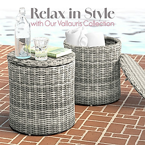 Elle Decor Vallauris Patio Outdoor Furniture Collection, Premium All Weather Wicker, Storage Side Table, Gray