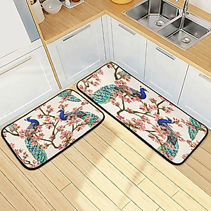 Peacock Flower Tree Kitchen Mat Set 2PCS, Super Absorbent Kitchen Rugs and Mats Non Slip Easy Clean Carpets Rugs for Kitchen Floor Sink Laundry Runner Area Rug Carpet