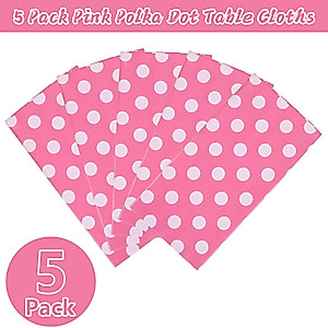 Kesfey 5 Packs Pink Polka Dot Tablecloth 54 x 108 Inch Minnie Mouse Table Cloths Pink and White Balloon Dots Minnie Theme Table Cover Disposable Plastic Rectangle Picnic Tablecovers for Birthday Party