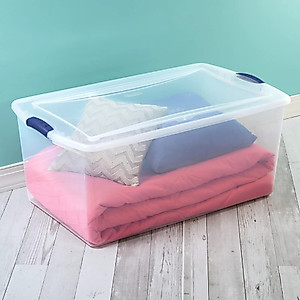 PuPLUM 105 Qt. Latch Box Plastic Storage Bin Tote Organizing Container With Durable Lid, Stackable and Nestable Snap Lid Plastic Storage Bin, 1 Pack, Clear With Blue Buckle