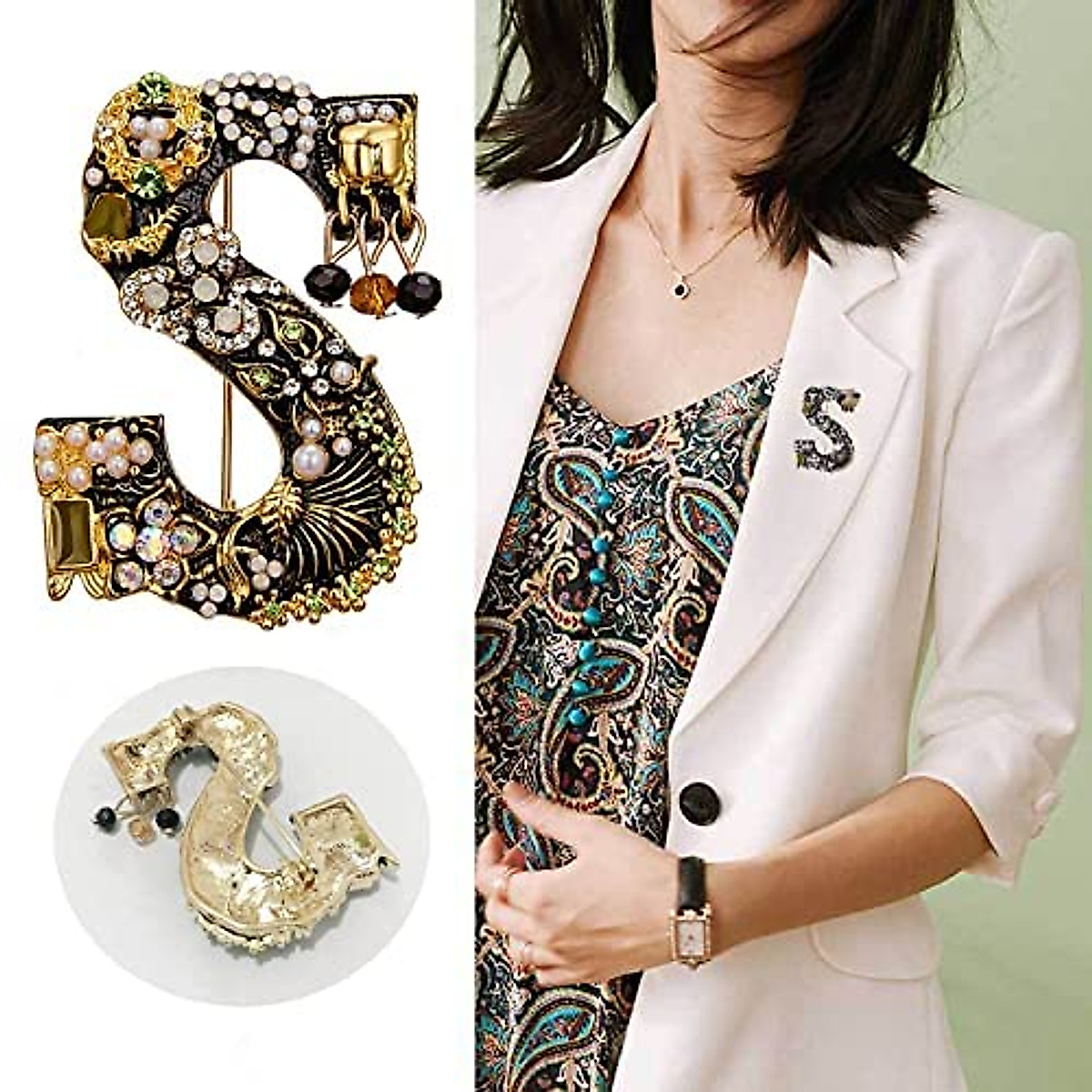 Pearl Initial Letter Brooch Pin, Crystal Rhinestone Gold Plated Alphabet Brooches for Women Girls, Pearl Lapel Pin for Bag Clothes Costume Jewelry - S