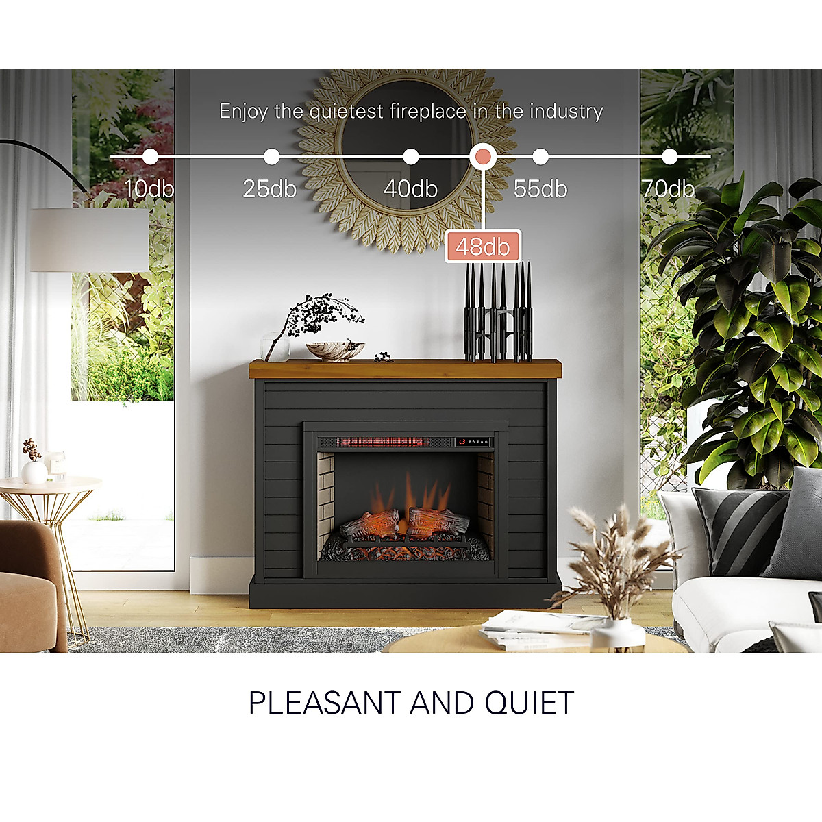 Bridgevine Home Washington Modern Farmhouse Electric Fireplace with Mantel, 48 inches, Poplar and Knotty Alder Solid Wood, Black and Whiskey Finish