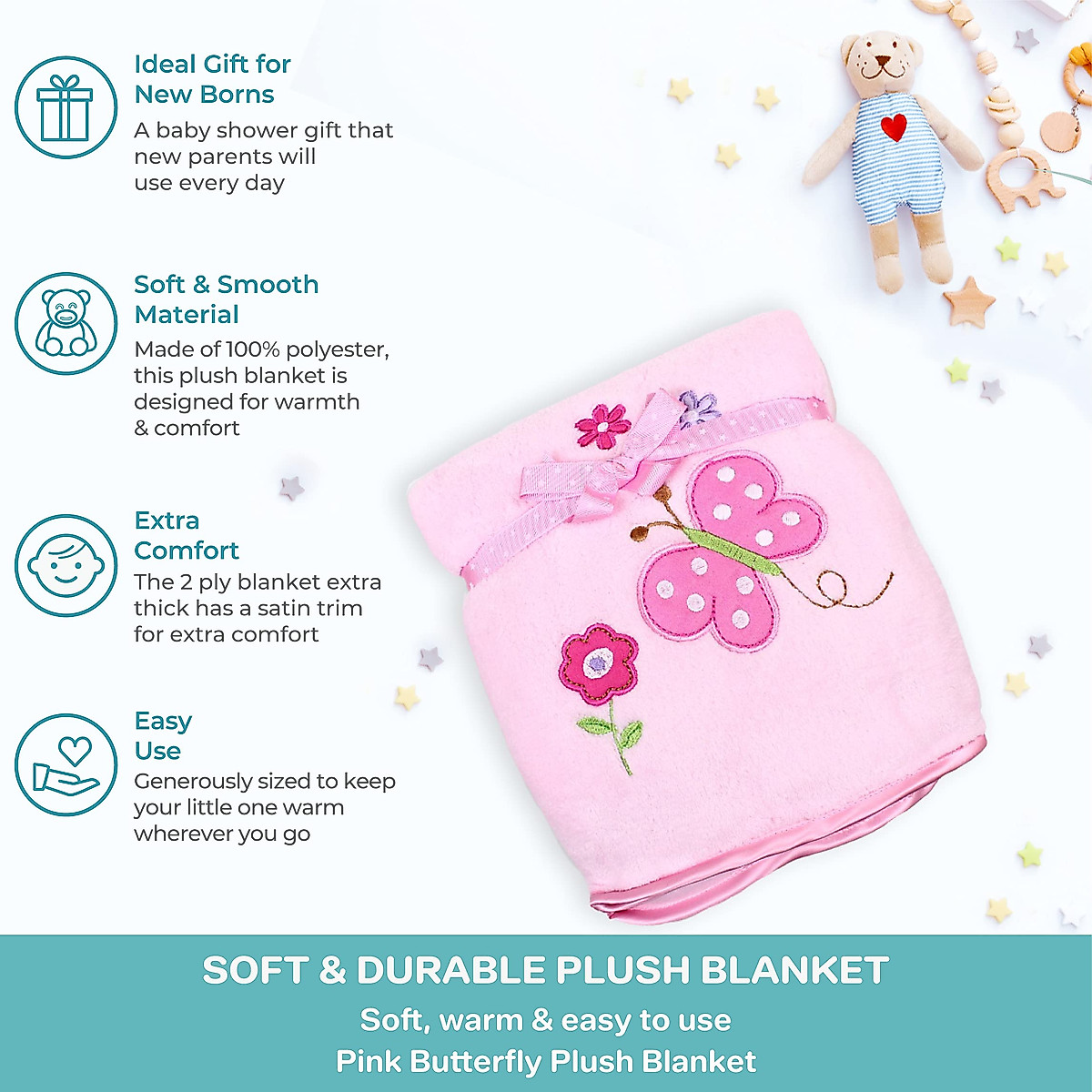 Spasilk Plush Blanket, Thick 2 Ply Blanket With Satin Trim, Baby Blanket, Pink Butterfly