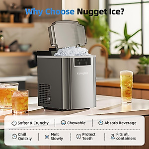 KaringBee Nugget Ice Maker Countertop - 45lbs/24H, 5mins Making Soft Chewable Pellet Ice - Self-Cleaning, Sonic Ice, Pebble Ice Machine for Home Kitchen, Office - Stainless Steel