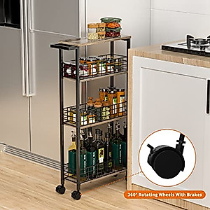 LUMAMU Slim Storage Cart for Small Spaces, 4 Tier Mobile Rolling Cart with Wheels Slide Out Storage Utility Shelves Cart with Wooden for Kitchen Narrow Spaces