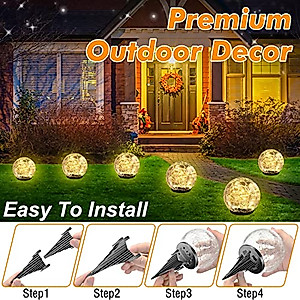 Garden Solar Ball Lights Outdoor Waterproof, 60 LED Cracked Glass Globe Solar Power Ground Lights for Path Yard Patio Lawn, Outdoor Decoration Landscape Warm White(2 Pack 5.9'')