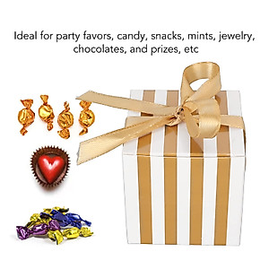 Restokki 50Pcs Mini Gift Boxes 2.2in Squared Gold Stripes Easy Assembly Gift Wrapping Box with Ribbons for Party Wedding Birthday Christmas Party