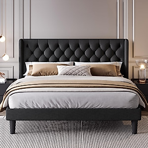 SHA CERLIN King Size Platform Bed Frame with Upholstered Headboard and Wingback, Button Tufted Design, Easy Assembly, Black