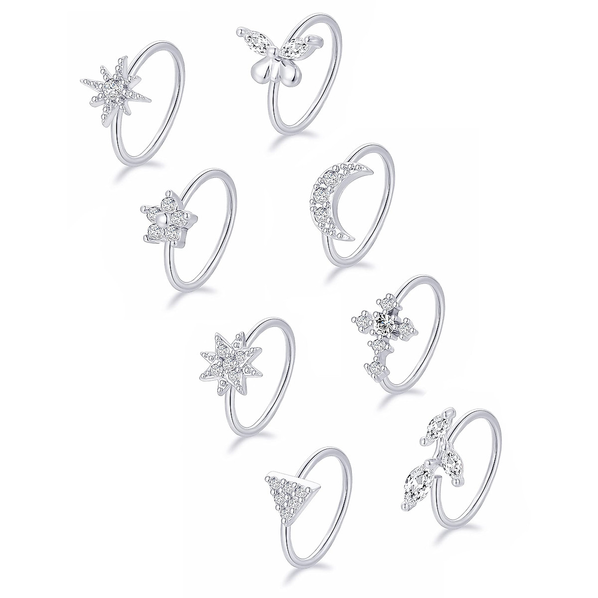 Tornito 8Pcs Nose Ring Hoop Paved Flower Butterfly Star Triangle Moon CZ Cartilage Earrings Nose Piercing Jewelry for Women Men Silver Rose Gold Tone 20G