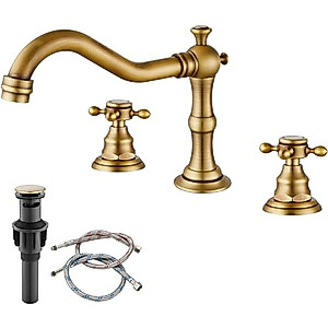 gotonovo 3-Hole Widespread Bathroom Faucet Double Cross Handle Mixer Tap for Bathroom Sink Deck Mount Hot Cold Water Matching Pop Up Drain with Overflow Antique Brass Victorian Spout