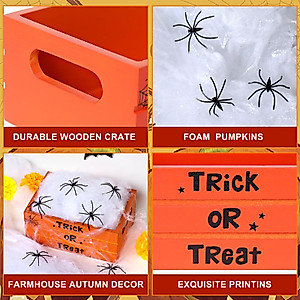 Aweyka Halloween Mini Trick or Treat Wooden Crate, Decorative Wood Crates Crate Box Wooden Storage Box with Spider Cotton and 6 Spider for Tiered Tray Shelf Table Kitchen Home fall Halloween Decor