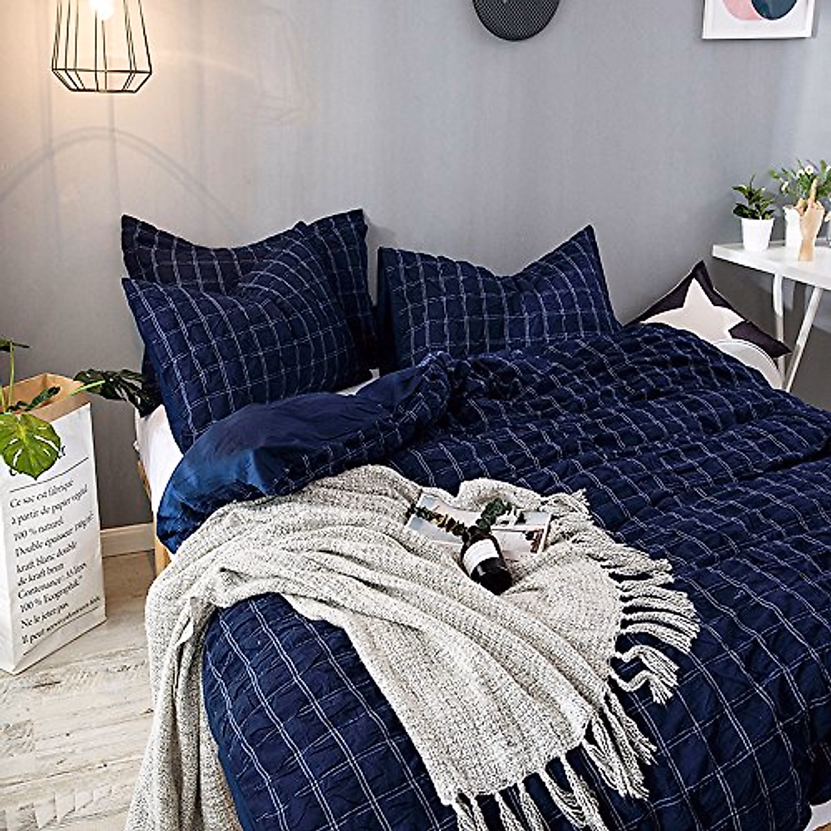 Merryfeel Seersucker Duvet Cover Set King,100% Cotton Yarn Dyed Seersucker Woven Check Bedding Set,3 Pieces(1 Duvet Cover with 2 Pillowshams),Navy Color King