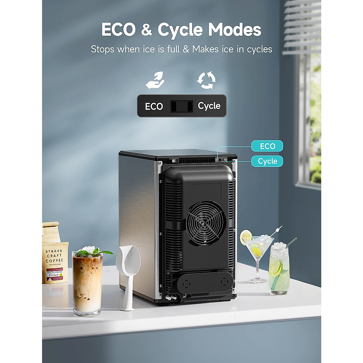 HiCOZY Dual-Mode Nugget Ice Maker Countertop, Compact Crushed Ice Maker, Produce Ice in 5 Mins, 55LB Per Day, Self-Cleaning and Automatic Water Refill (Black)