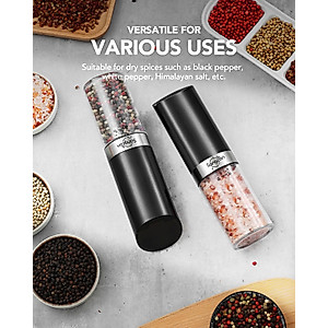 Sangcon Gravity Electric Salt and Pepper Grinder Set, Battery Salt and Pepper Mill Set with Dust Cover, 8 Oz Large Capacity Automatic Pepper Shaker with Light，Adjustable Coarseness, 2 Pack (Black)