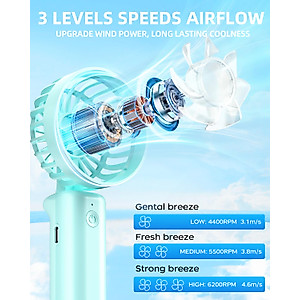 Hssio Portable Handheld Fan, Mini Desk Fan Foldable 2000mAh, 180° Ratotion, 3 Speeds, Ultra Quite, Up to 8H Long Use Time, Small Personal Cooling Fans Makeup Eyelash Fan, Black+Light Blue