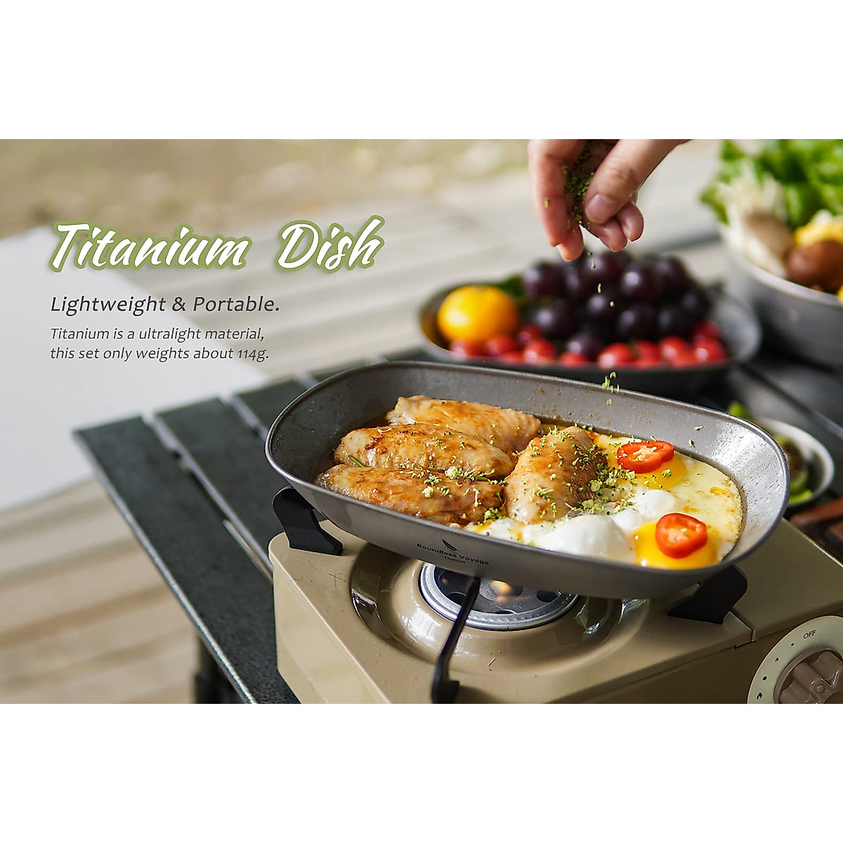 Boundless Voyage Reusable Titanium Pan Dinner Plate Ultralight Dish with Carry Bag Outdoor Camping Portable Tableware Pasta Salad Plate Dishwasher Safe (1 Pack) Ti1114T