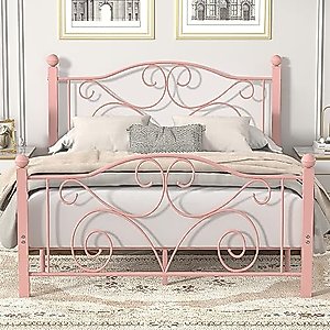 VECELO Full Size Bed Frame with Headboard and Footboard, Heavy Duty Metal Slat Support, Platform Mattress Foundation, No Box Spring Needed, Easy Assembly, Pink