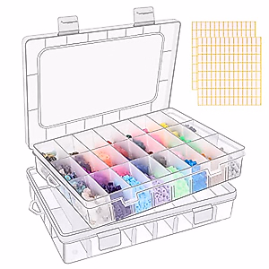 2 Pack 24 Grids Clear Plastic Organizer Box, Storage Container with Adjustable Divider, Craft and Bead Storage Organizer Box for DIY Jewelry Tackles with 2 Sheets Label Stickers