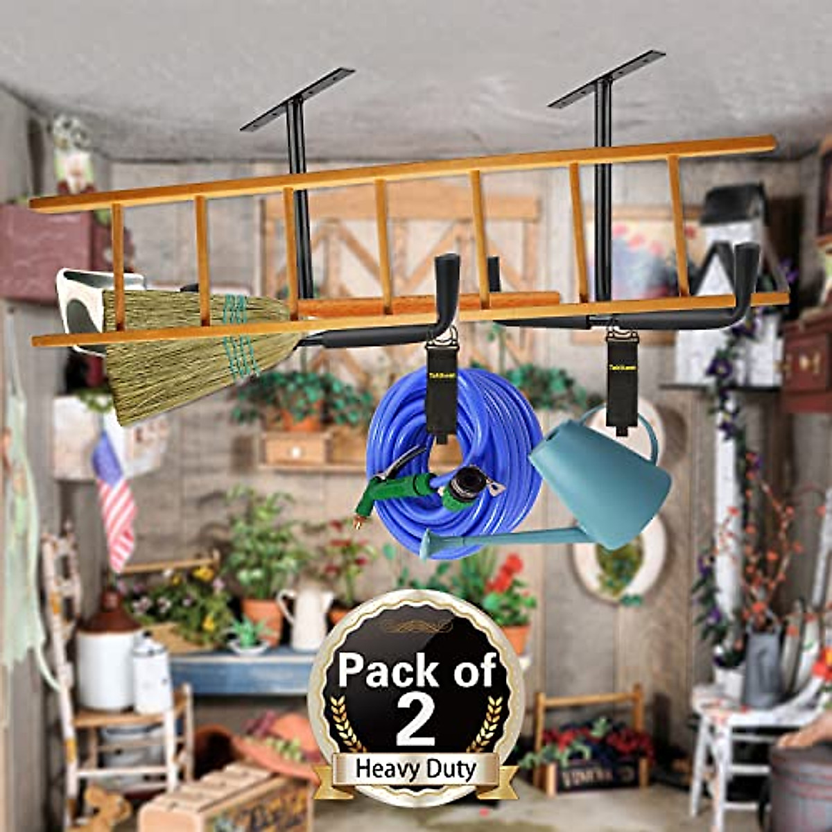 Tahikem 2 Set Overhead Garage Storage Rack, Heavy Duty Overhead Storage Double Hook, Ceiling Hanger Safe Racks, Hanging for Lumber Ladder Storage & Other Bulky Items (Pack of 2 - Black)