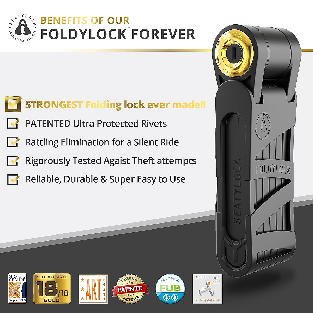 FoldyLock Forever Folding Bike Lock - Patented Sleek High Security Sold Secure Gold Bicycle Lock - Heavy Duty Anti Theft Smart Guard with Keys - 90cm