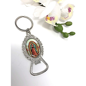 12 PCS Our Lady of Guadalupe Favor Baptism First Communion Memory Gift Silver Keychains With Bottle Opener /Recuerdos De Mi Bautizo/Primera Comunion Nuestra Virgen De Guadalupe Llaveros