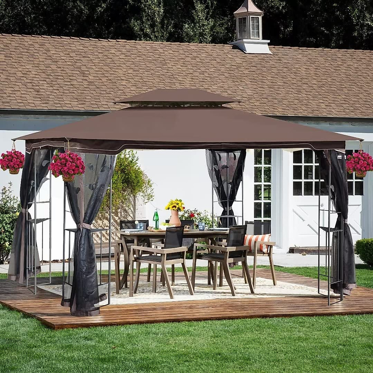 JINS&VICO 13x10 ft Gazebo Double Roof Canopy with Netting and Shaded Curtains, Outdoor Gazebo 2-Tier Hardtop Galvanized Iron Aluminum Frame Garden Tent for Patio, Backyard, Deck and Lawns, Brown