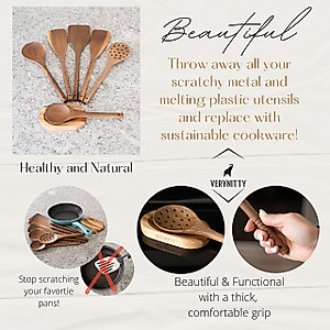 VERY NITTY Very Beautiful Kitchen Utensil Set, 7pc Wooden Cooking Utensils, Spoons and Spatula Set with Spoon Rest. Wood Kitchen Gadgets, Tools and Supplies for Cooking, Baking, Mixing and Salad Bowl