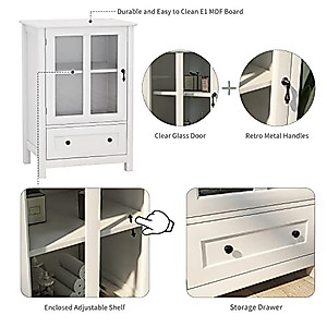 Knocbel Modern Storage Cabinet with Metal Handles, Single Glass Door, Compartments and Drawer, Buffet Sideboard for Kitchen Dining Room Hallway Entryway, 22" L x 14.4" W x 31.7" H (White)