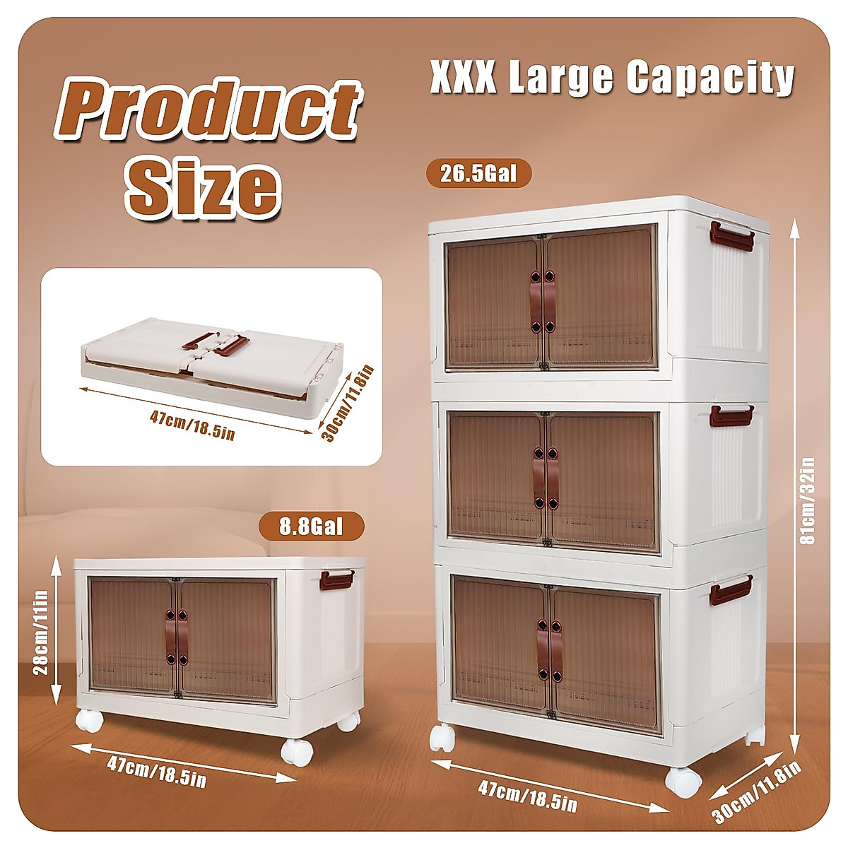 HYZSWGC Stackable Storage Bins, Closet Organizers and Storage Box, Folding Storage Bins with Lids Doors, Foldable Storage Box with Wheels for Home, Ofiice, Dorm Room (3 Pack)