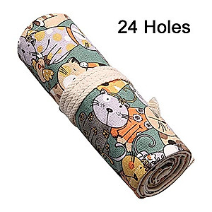 Canvas Pencil Roll Wrap 12/24/36/48 Holes, Multiuse Cartoon Cat Roll Up Pencil Case Large Capacity Pen Curtain for Coloring Pencil Holder Organizer