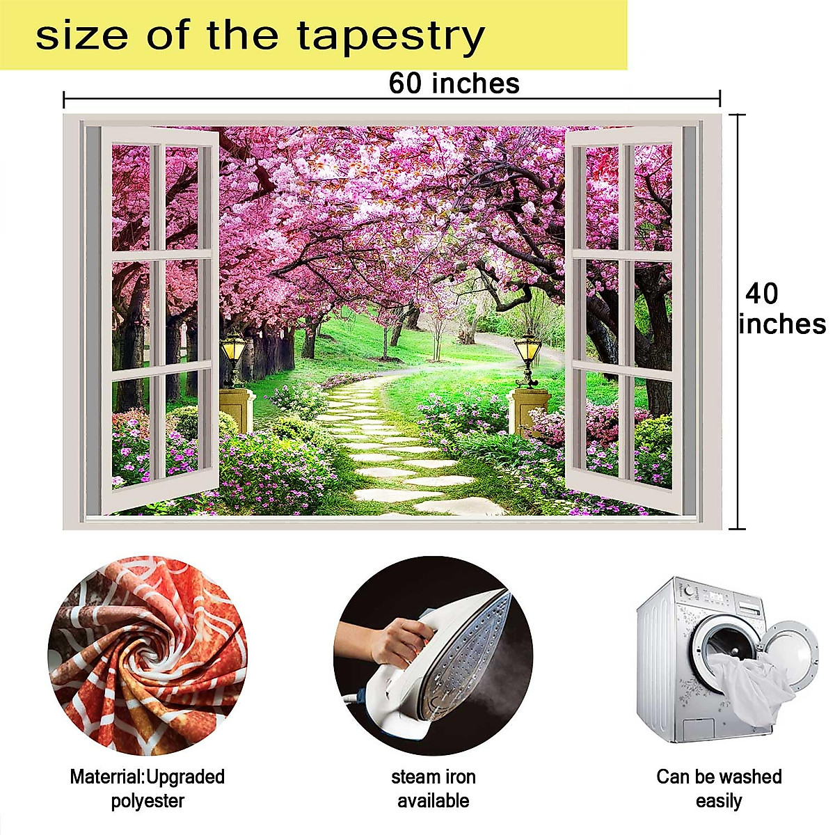 Japanese Cherry Blossom Window Tapestry Tree Forest Path Pink Flowers Window Tapestry Botanical Floral Natural Landscape Aesthetic Tapestry for Living Room Bedroom Nursery Home Decor 60x40Inches