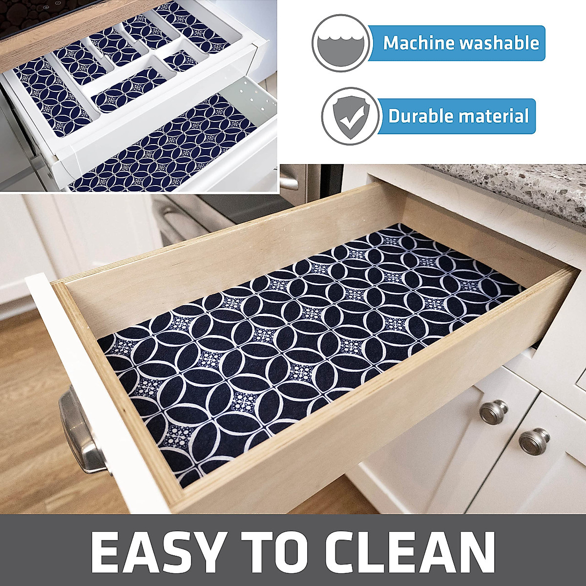 Drymate Premium Luxury Shelf & Drawer Liner, Thick Cushioned Fabric, Non-Adhesive, Absorbent, Waterproof, Slip-Resistant, Liners for Kitchen Cabinets, Cupboards (USA Made)(12”x59”)(2-Pack)(Indigo)