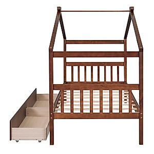 Twin Size House Bed with 2 Storage Drawers Wooden Kids Montessori House Bed Frame Wood Playhouse Tent Bed for Girls Boys Teens, Walnut