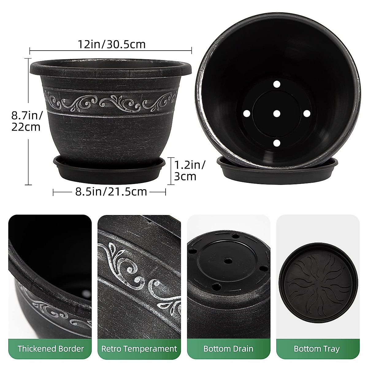 QCQHDU Plant Pots, 3 Packs 12 inch Planters with Drainage Hole Saucer, Plastic Flower Pots for Indoor Plants Retro Decorative for Outdoor Garden Container Sets(Silver-12 inch)