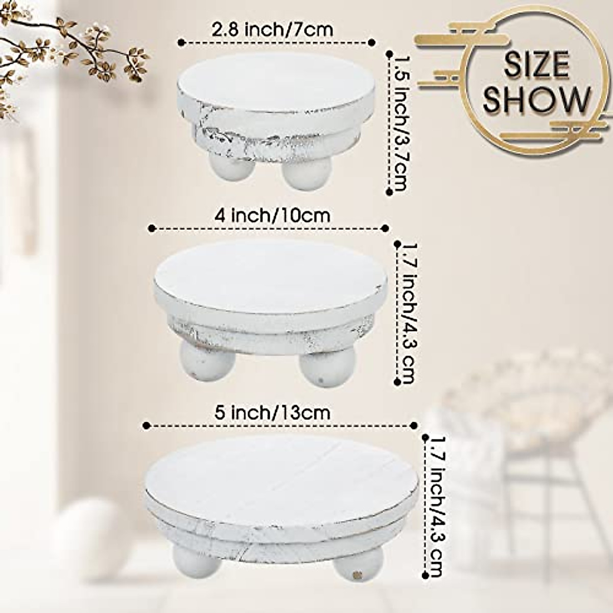 3 Pieces Wood Risers for Decor Wood Pedestal Mini Riser Stand Round Wooden Riser Rustic Farmhouse Riser for Decor Tiered Tray Decor Riser for Home Kitchen (Washed White, 5/4/3 Inch)
