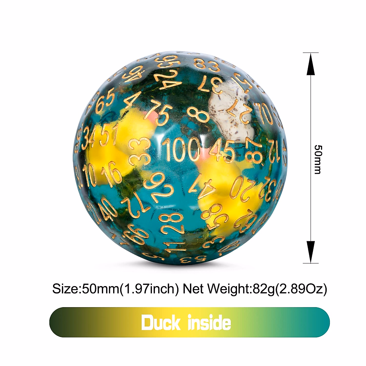 DNDND D100 Dice with Duck Inside Resin 100 Sided Die with Translucent Pouch for D&D