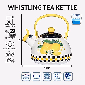Whistling Tea Kettle for Stove Top Enamel on Steel Teakettle, Supreme Housewares Lemon and Checkered Pattern Teapot Water Kettle Cute Kitchen Accessories Teteras (2 Quart, Lemon)