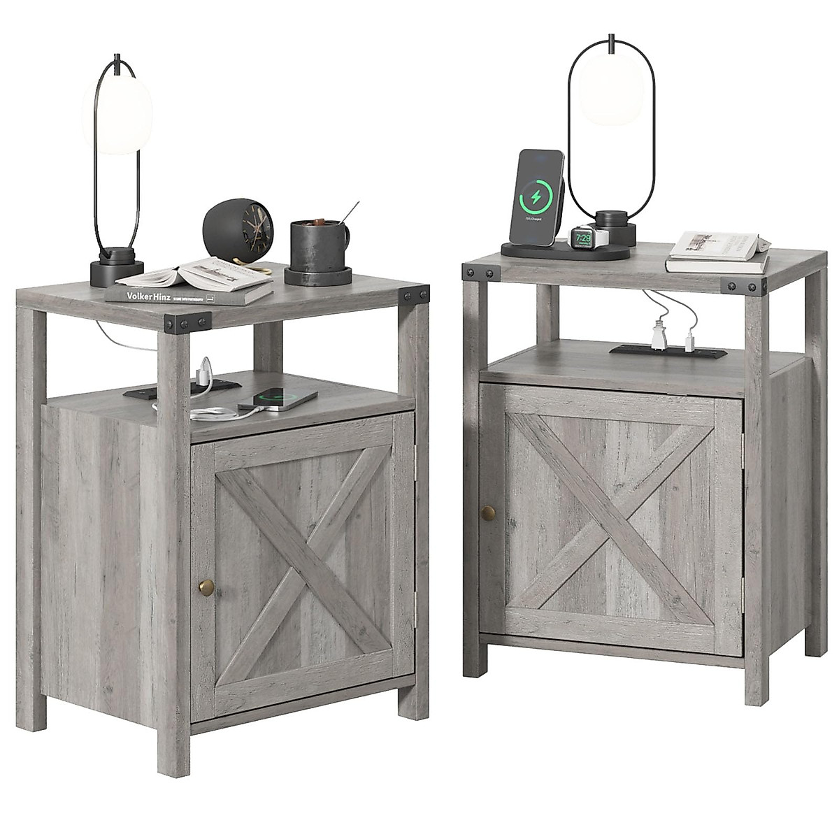 Fameill Nightstands Set of 2, Night Stand with Charging Station, Bed Side Table with Storage Cabinet, Farmhouse End Table for Living Room with USB Ports and Outlets, Gray