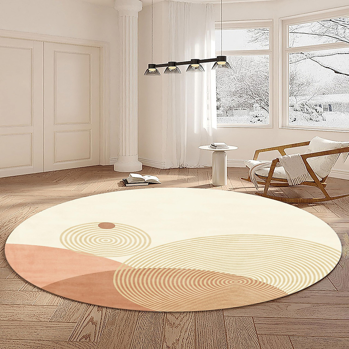 SMXVRC Boho Art Round Rug, 7ft, Abstract Geometric Mid Century Sun Circle Rug, Modern Faux Wool Circular Rug, Soft Non-Slip Washable Thin Throw Mat for Bedroom Sofa Dining Entryway Decor