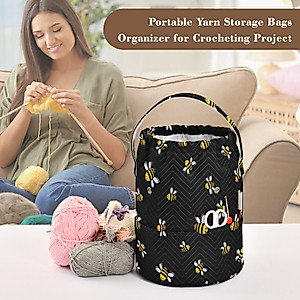 Fustylead Bee Large Yarn Storage Tote Basket, Knitting Crochet Drawstring Organizer Bag for Crocheting Project, Yarn Balls, Needles Accessories